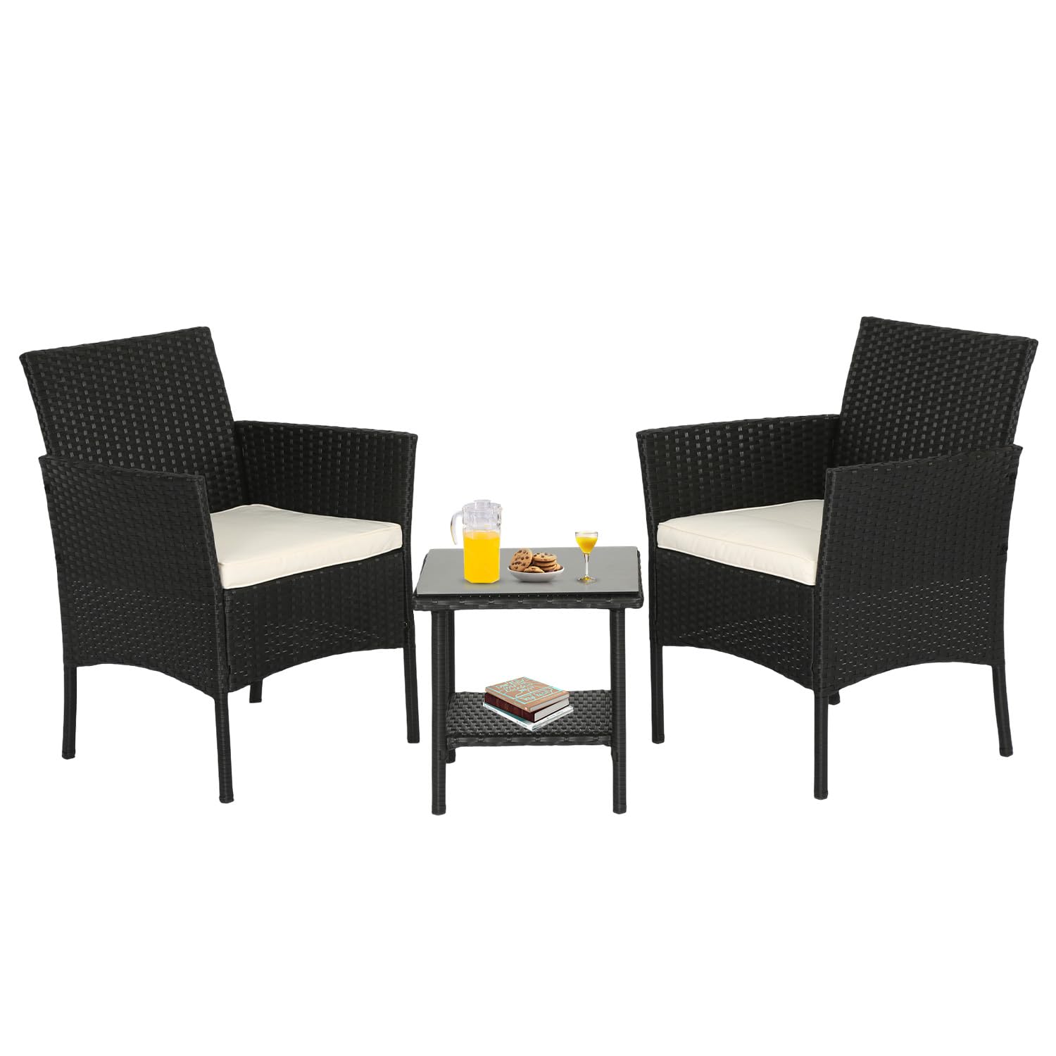 FDW Patio Furniture Sets Outdoor Wicker Bistro Set Rattan Chair Conversation Sets Garden Furniture for Yard Backyard Lawn Porch Poolside Balcony (3 Pieces, Black and Beige)