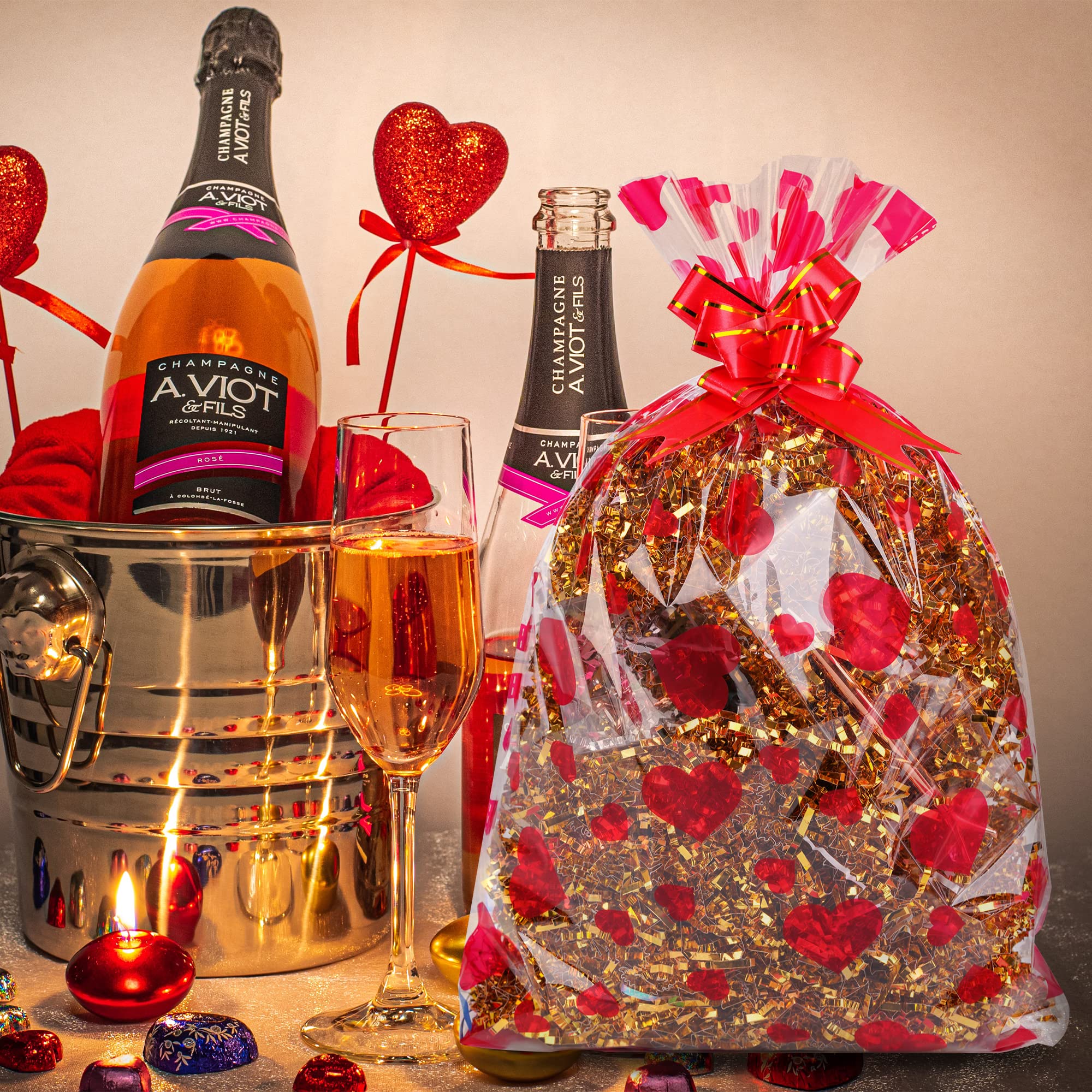 Kolewo4ever 40pcs Heart Cellophane Basket Bags Set 20pcs Heart Cellophane Wrap Clear Basket Bags With 20pcs Red Pull Bows for Valentine, Weddings, Bridal or Baby Showers (12x18inches)