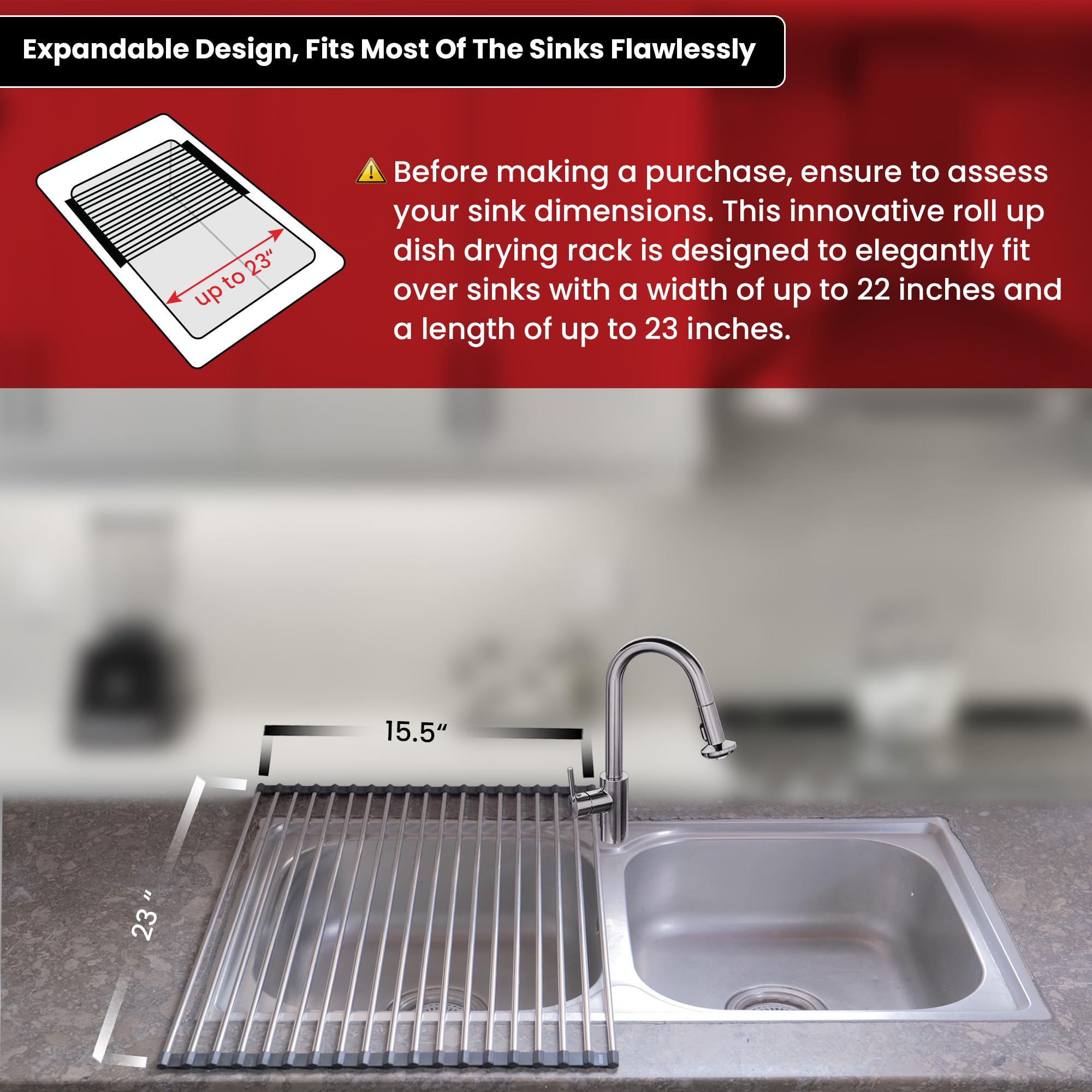 R RESERVE Upgraded, Roll up Dish Drying Over The Sink Rack Mat with Stainless Steel Wires, Rollable, Large, Black/Silver, (15.5" x 23")