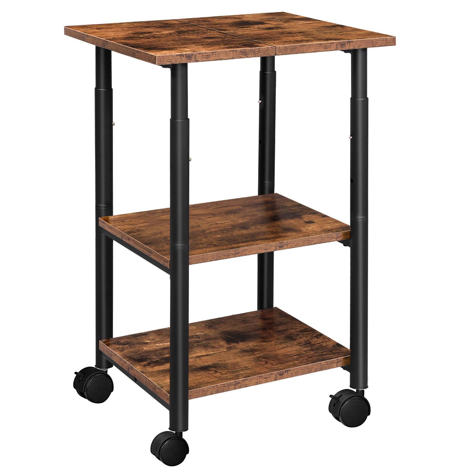 HOOBRO Printer Stand,3-Tier Adjustable Table Printer Cart on Wheels, Heavy Duty Storage Machine Rack for Home Office, Rustic Brown and Black BF03PS01