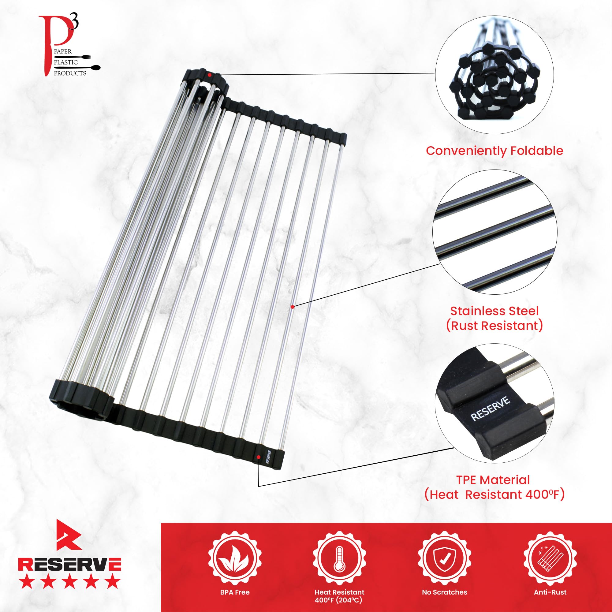 R RESERVE Upgraded, Roll up Dish Drying Over The Sink Rack Mat with Stainless Steel Wires, Rollable, Large, Black/Silver, (15.5" x 23")