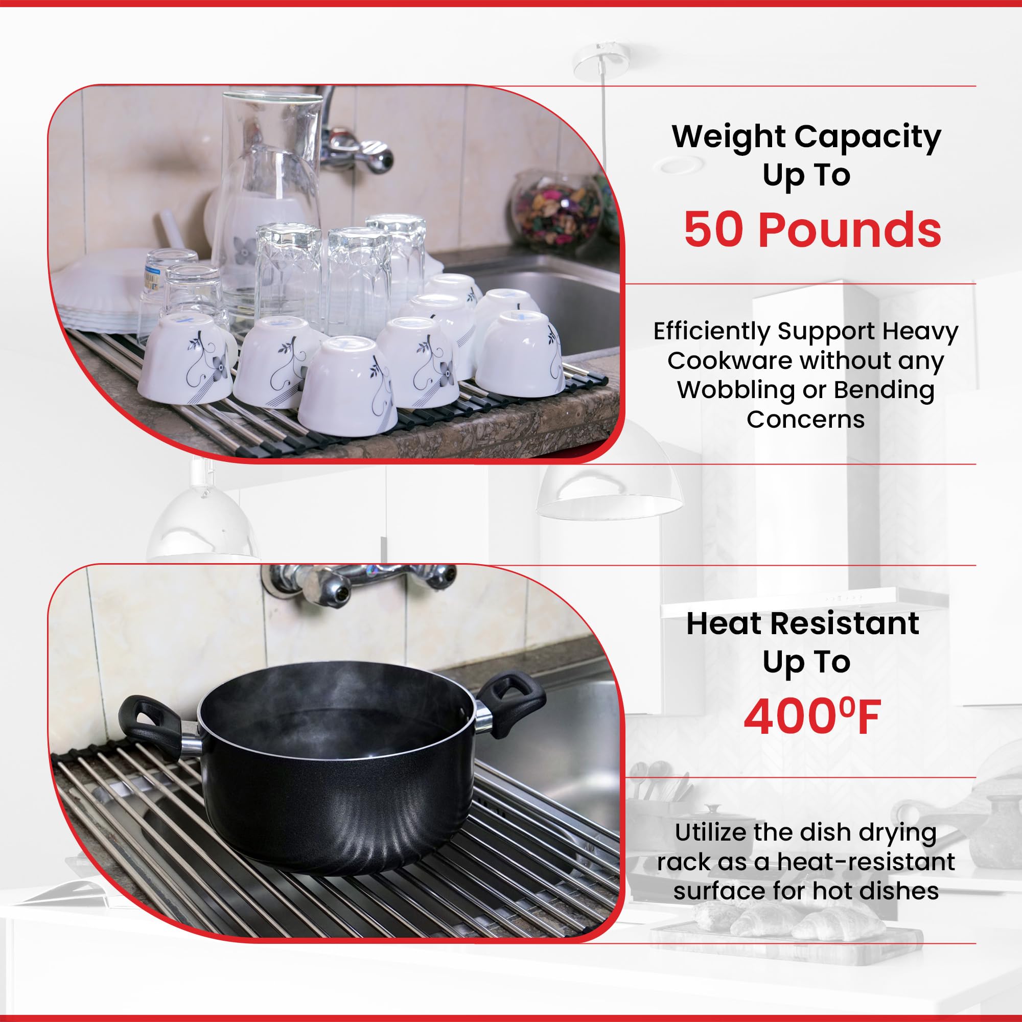 R RESERVE Upgraded, Roll up Dish Drying Over The Sink Rack Mat with Stainless Steel Wires, Rollable, Large, Black/Silver, (15.5" x 23")