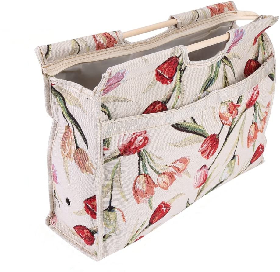 Knitting Bag, Lightweight Knitting Organizer Fabric Large Capacity Wood Handle Travel Yarn Storage Bag Tote Organizer for Knitting Needles Sewing Tools Great Gift(Red Flower)