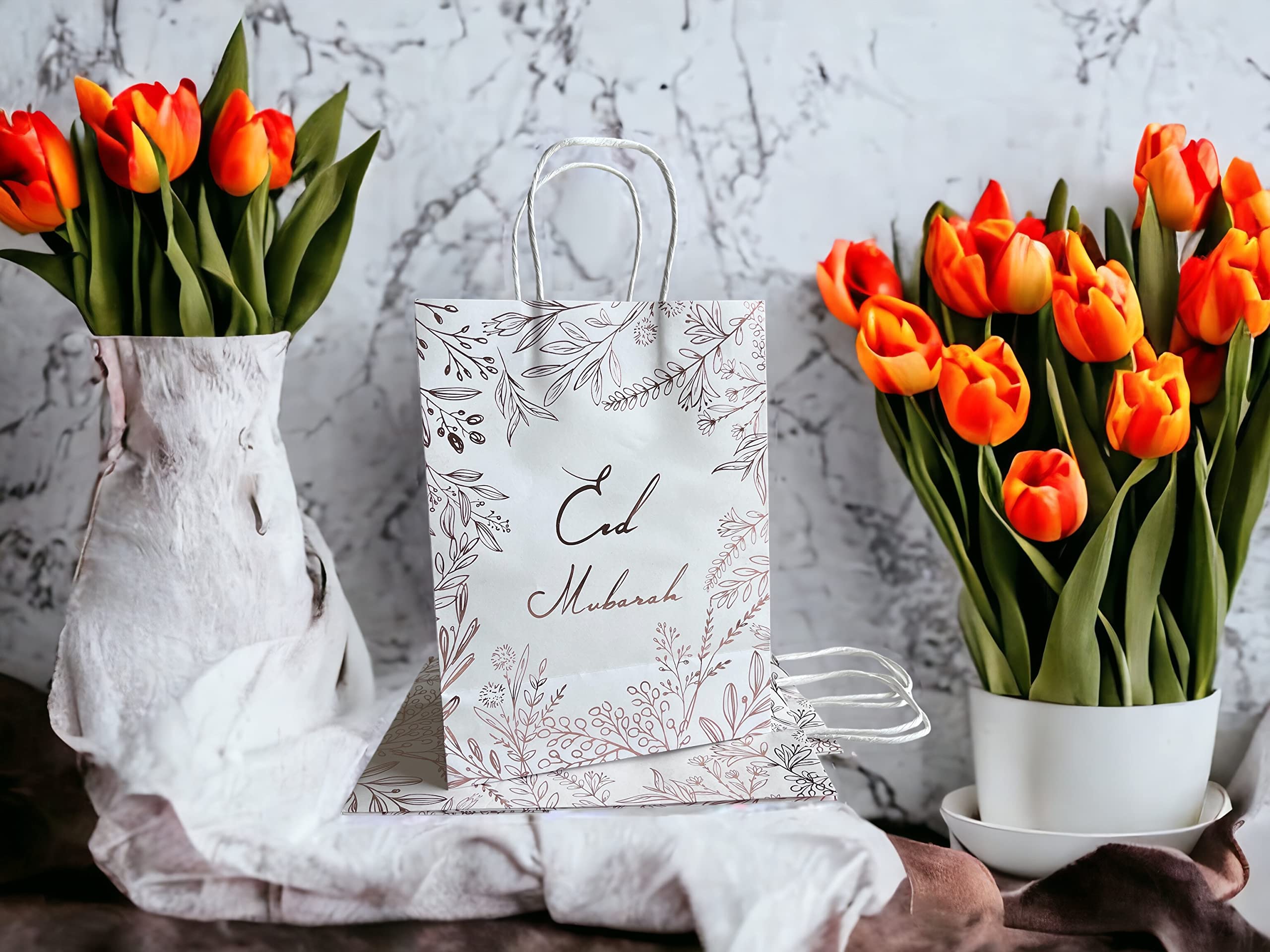12 PCS Eid Mubarak Paper Gift Bags Ramadan Medium Treat Box for Eid party, Muslim Party, Eid Decoration, Eid Gift Wrapping (20.7cm x 11.5cm x 27.7cm)
