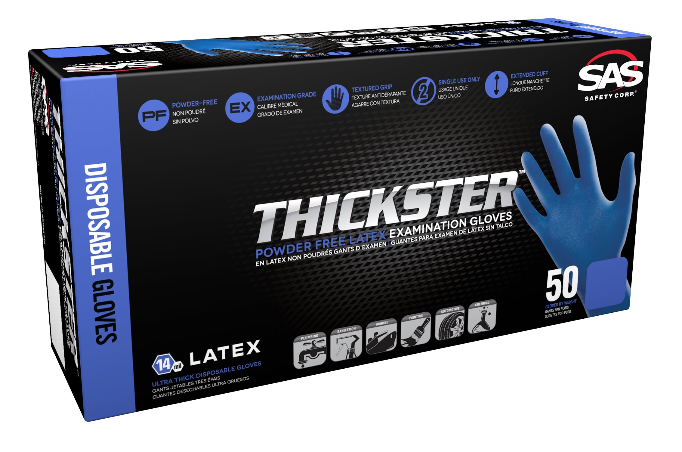 SAS Safety 6603-20 Thickster Powder-Free Exam Grade Disposable Latex 14 Mil Gloves, Large, 50 Gloves