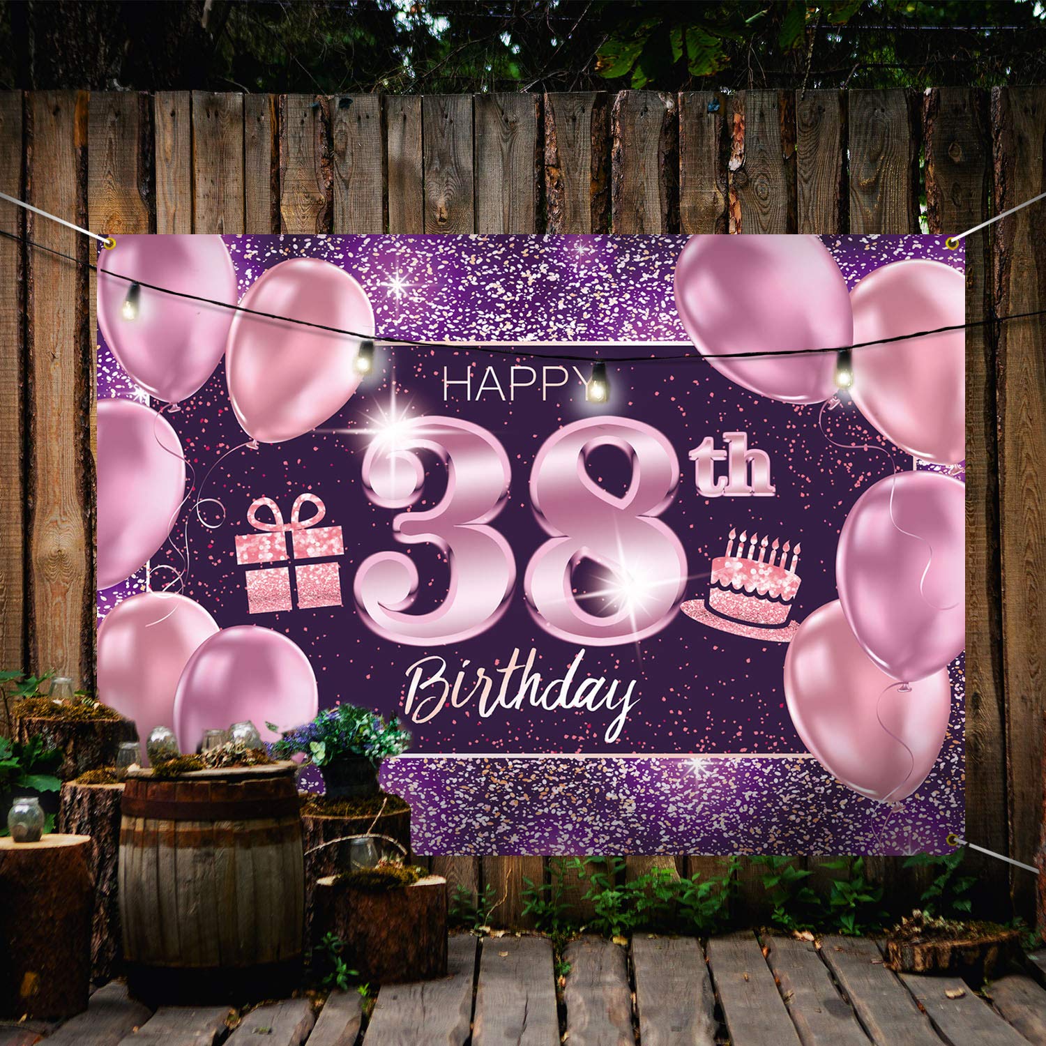 PAKBOOM Happy 38th Birthday Banner Backdrop - 38 Birthday Party Decorations Supplies for Women - Pink Purple Gold 4 x 6ft