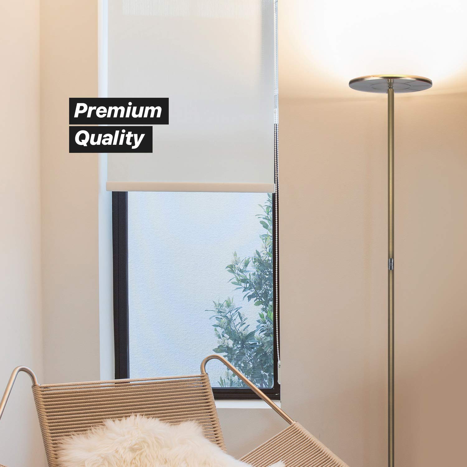 Brightech Sky Flux Dimmable LED Floor Lamp – Super Bright Floor Lamp for Living Room and Offices – Torchiere Standing Lamp with 3 Light Options, Tall Lamp for Bedroom Reading and More - Brass