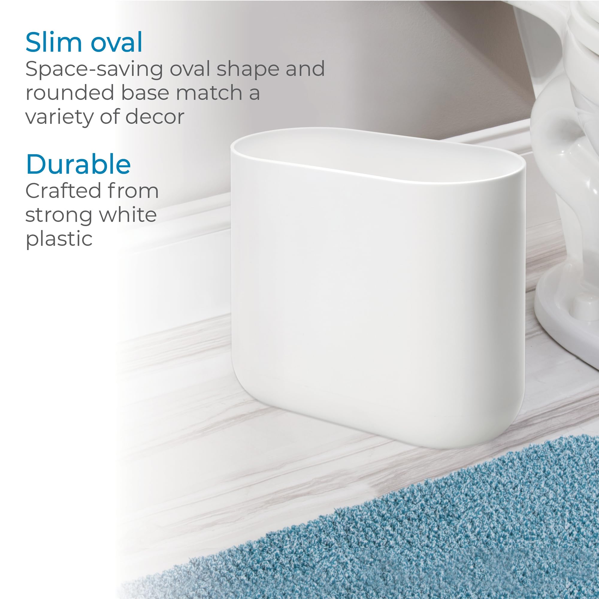 iDesign Slim Oval Plastic Waste Basket The Cade Collection, 10.56” x 5.5” x 9.77”, White
