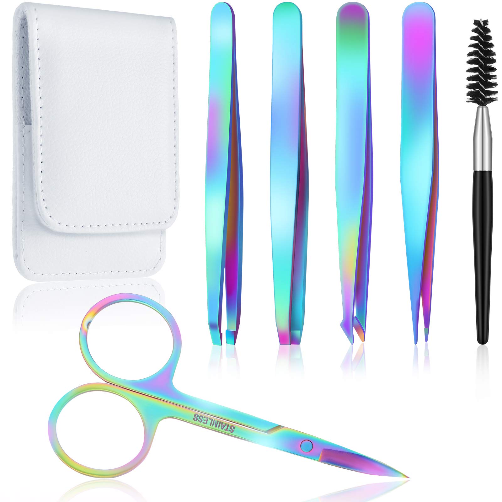 6 Pieces Eyebrow Tweezers Set with Curved Scissors, Eyelash Brush Stainless Steel Brow Remover Tools for Women and Girls, Hair Plucking Daily Beauty Tool with Storage Case (Rainbow Color)