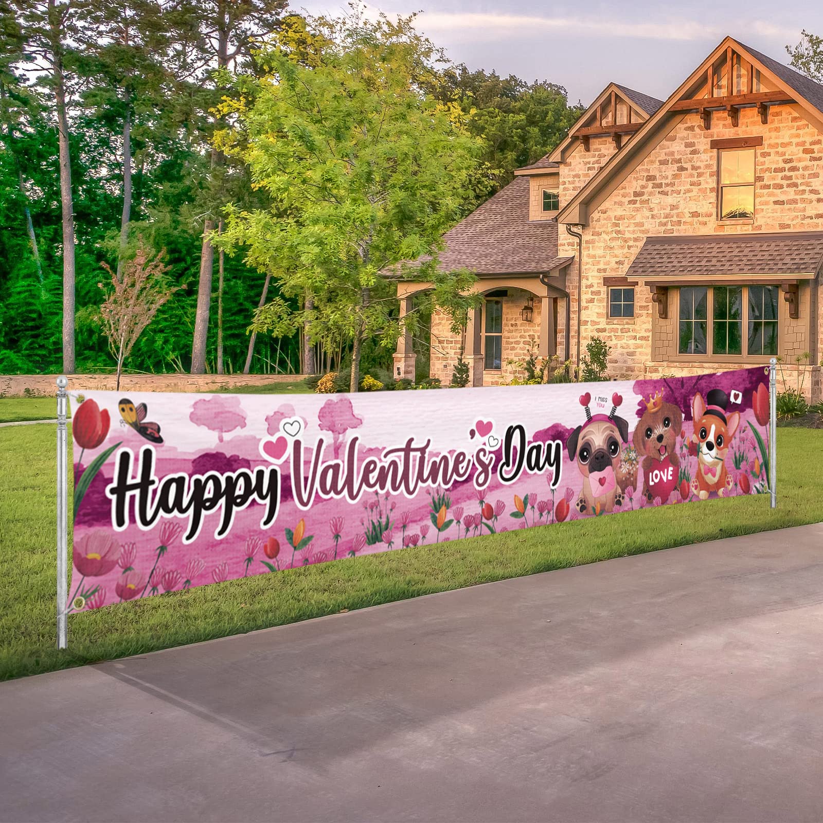 Large Happy Valentines Day Banner Outdoor Decorations 120" x 20" Valentine's Yard Sign Purple Flowers Cute Dogs Love Hill Holiday Party Supplies Valentine Backdrop Home Decor with Brass Grommets for Garden House Fence Garage Indoor Gifts Anniversary Weddi