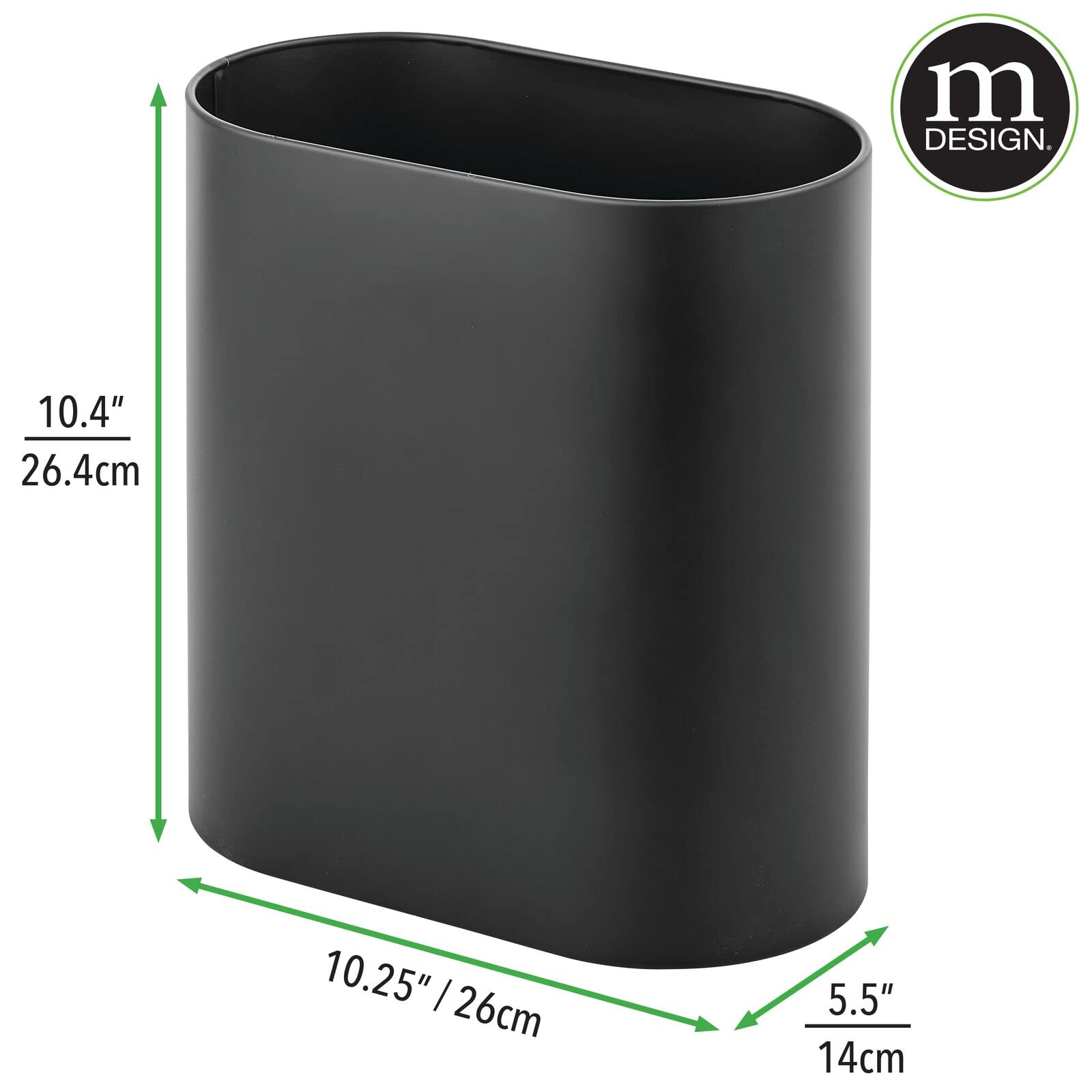 mDesign Slim Pill-Shaped Metal 1.98 Gallon/7 Liter Recycle Trash Can Wastebasket, Garbage Container Bin for Bathrooms, Kitchen, Bedroom, Office - Durable Stainless Steel, Mirri Collection, Black