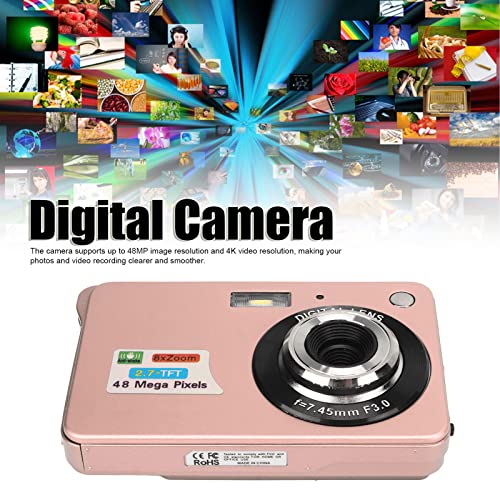 Digital Camera, 4K Ultra HD Mini Camera 48MP 2.7in Screen, USB Rechargeable, Compact Camera Pocket Camera with 8X Digital Zoom for Kid's Gifts (Pink)