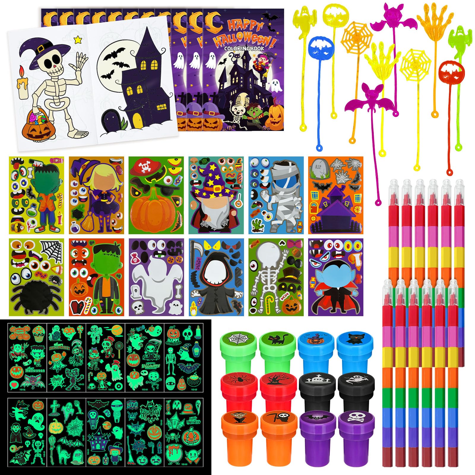 Cinrobiye 72 Pcs Halloween Party Favors，Halloween Coloring Books Tattoo DIY Sticker Stampers Bulk Trick or Treat Goodie Bags Fillers Stuffer Classroom Reward Activity Supplies
