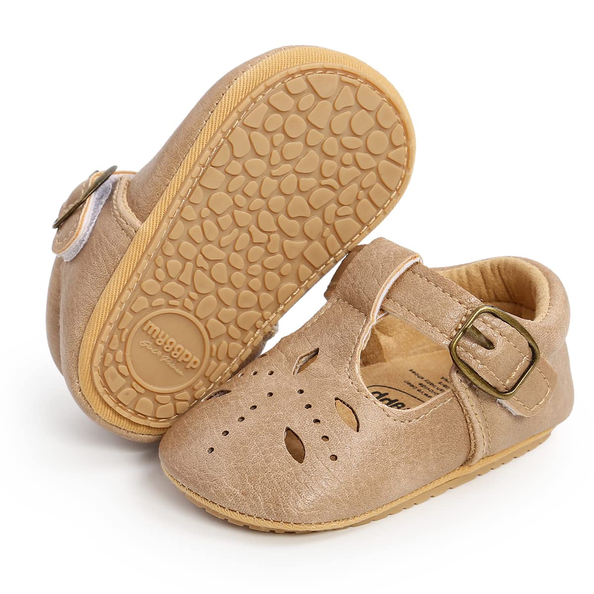 GAISUMMI Baby Girls Mary Jane Flats Non-Slip Soft Rubber Sole Toddler First Walkers Breathable Infant Princess Dress Shoes (E/Khaki,12-18 Months)