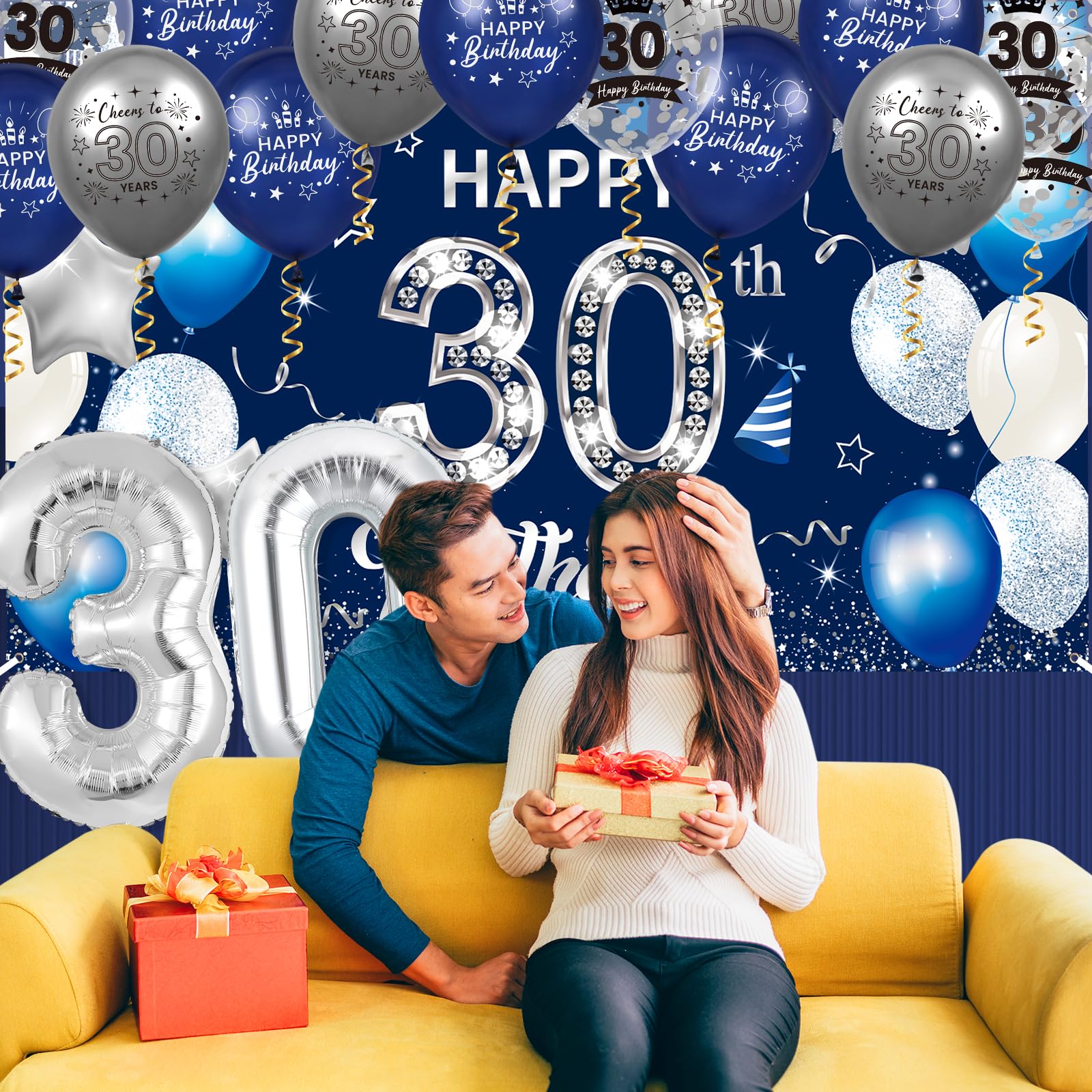 30th Birthday Decorations for Men and Women, 131 PCS Navy Blue Silver 30th Birthday Party Supplies Includes Blue Happy 30th Birthday Banner Balloons Napkins Cups Tablecloth Plates Foil Backdrops for