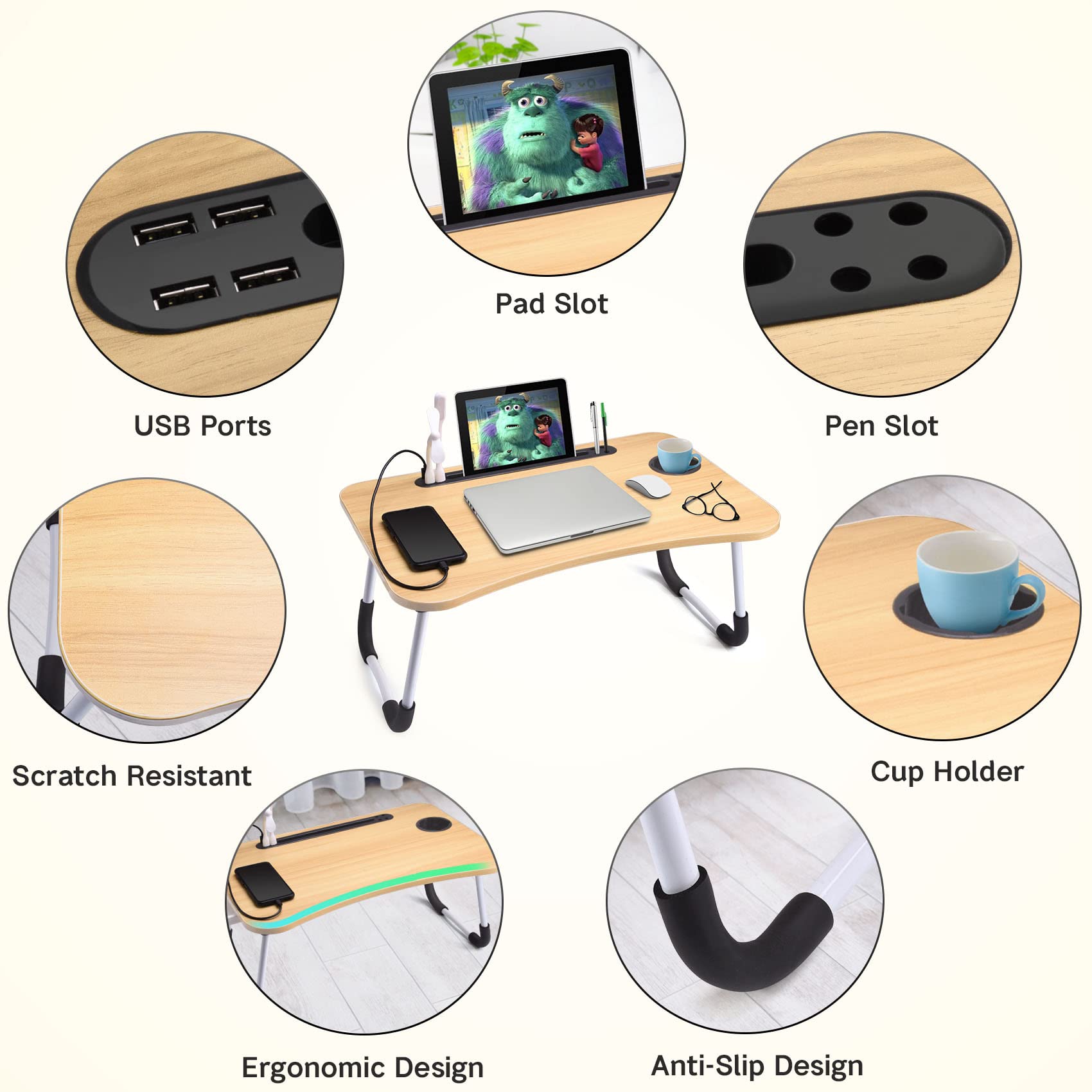 Slendor Laptop Desk Foldable Bed Table Folding Breakfast Tray Portable Lap Standing Desk Notebook Stand Reading Holder for Bed/Couch/Sofa/Floor