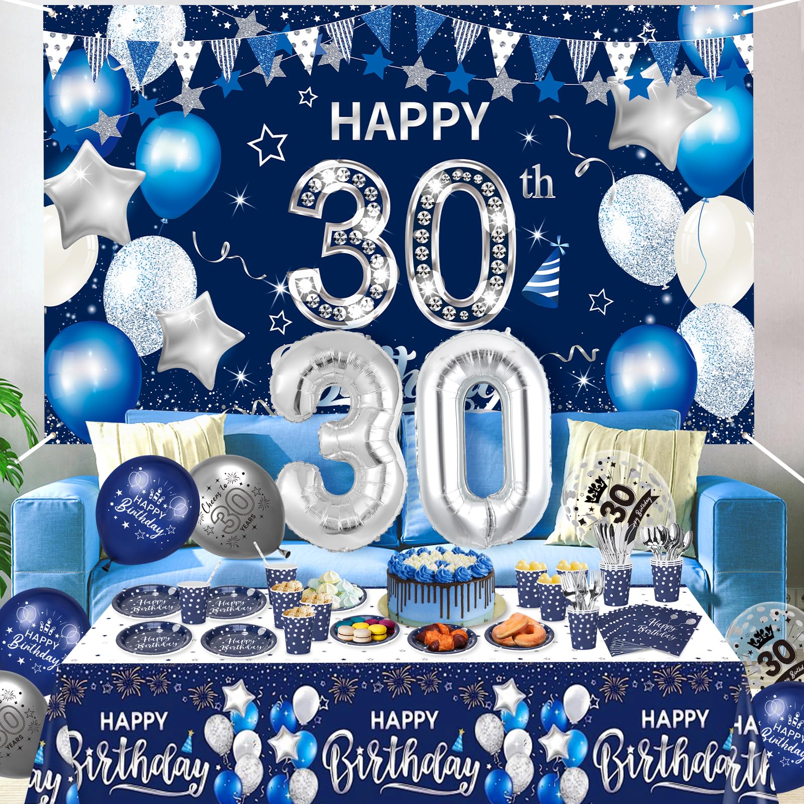 30th Birthday Decorations for Men and Women, 131 PCS Navy Blue Silver 30th Birthday Party Supplies Includes Blue Happy 30th Birthday Banner Balloons Napkins Cups Tablecloth Plates Foil Backdrops for