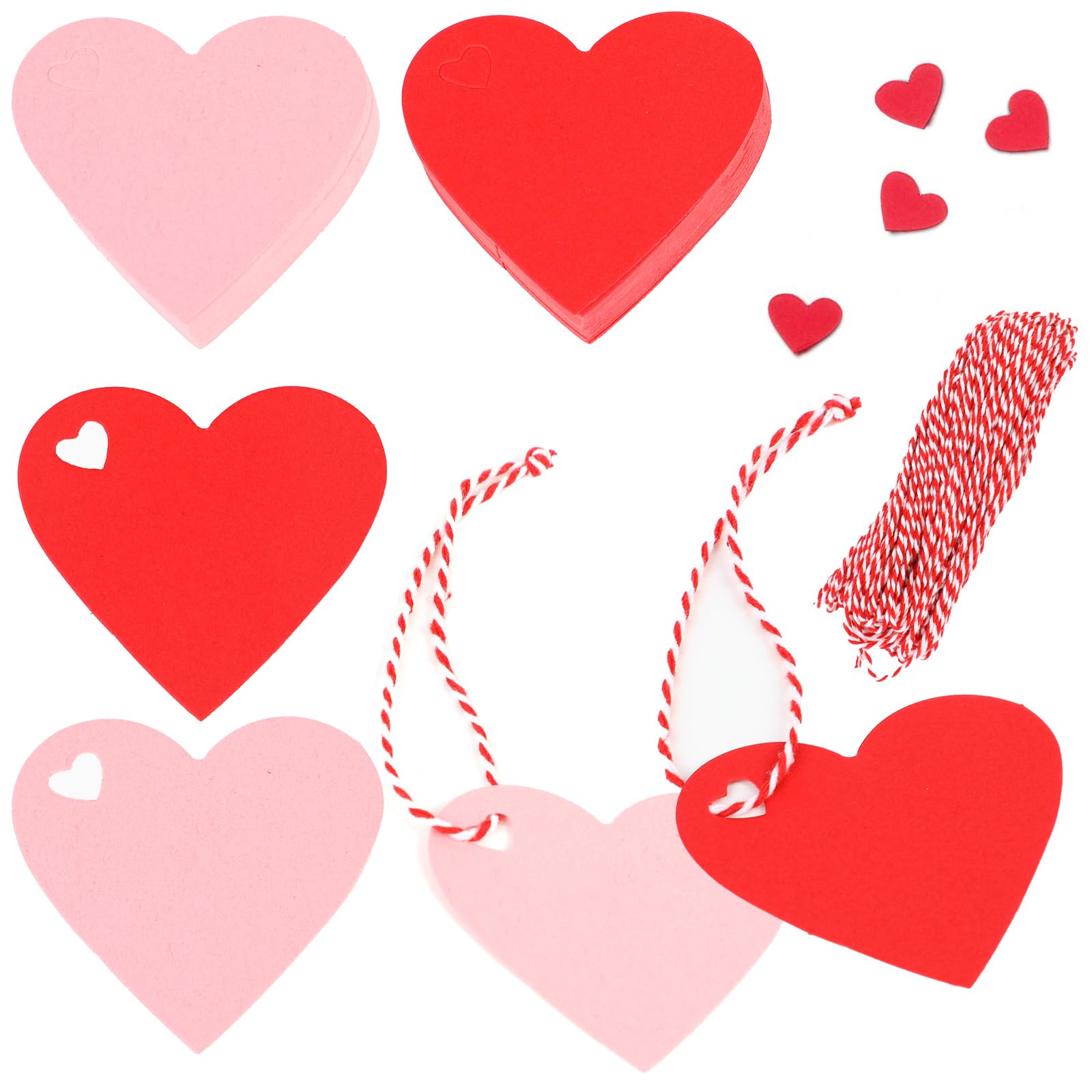DERAYEE 100 Pcs Valentine Gift Tags with String, Heart Shaped Kraft Paper Tags for Wedding, Valentine's Party DIY Wrapping (Red, Pink)