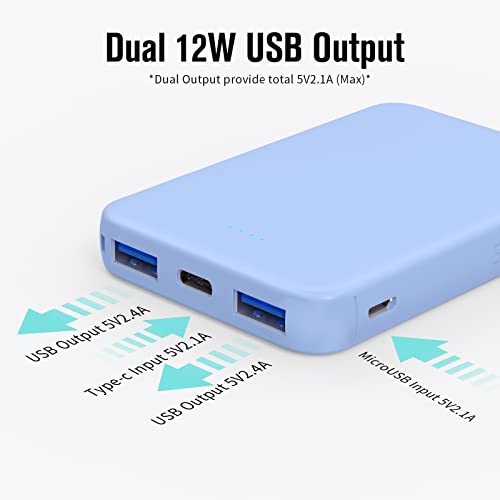 VANYUST Mini Portable Charger Power Bank 5000mAh Capacity External Battery Pack Dual Output Port and USB-C (Input Only) Power Bank for iPhone, Samsung Galaxy, Android Phone, iPad & etc (Blue)