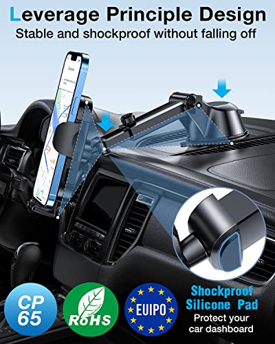 HTU Cell Phone Holder for Car [Powerful Suction Cup Never Fall] Universal Car Phone Holder Mount for Dashboard Windshield Air Vent Long Arm Cell Phone Car Mount Thick Case Heavy Phones Friendly