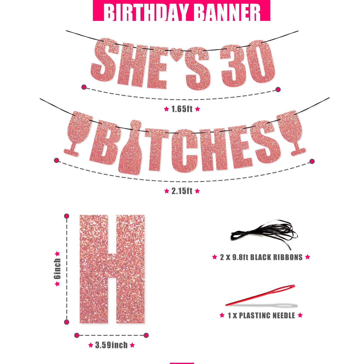 PartyForever 30th Birthday Party Decorations Banner For Women with SHE'S 30 BITCHES Rose Gold Glitter Letters Sign for Her