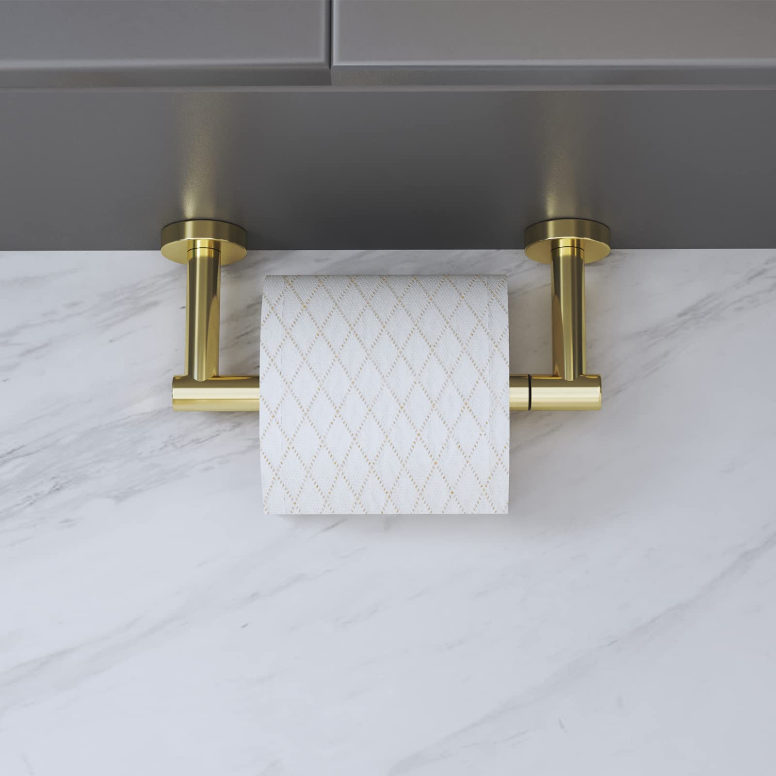POKIM Gold Toilet Paper Holder - Metal Bathroom Flexible Pivoting Tissue Handle on Wall Mounted, SUS 304 Stainless Steel Adjustable TP Large Mega Roll Holder Classic Shiny Finish