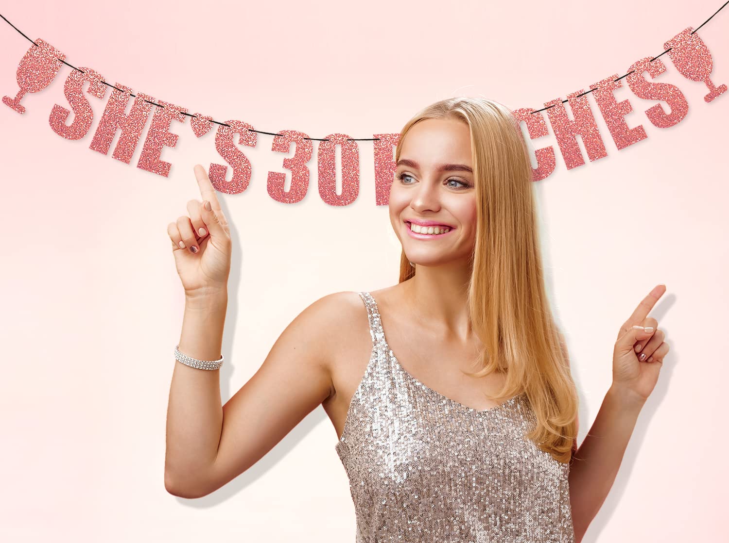 PartyForever 30th Birthday Party Decorations Banner For Women with SHE'S 30 BITCHES Rose Gold Glitter Letters Sign for Her