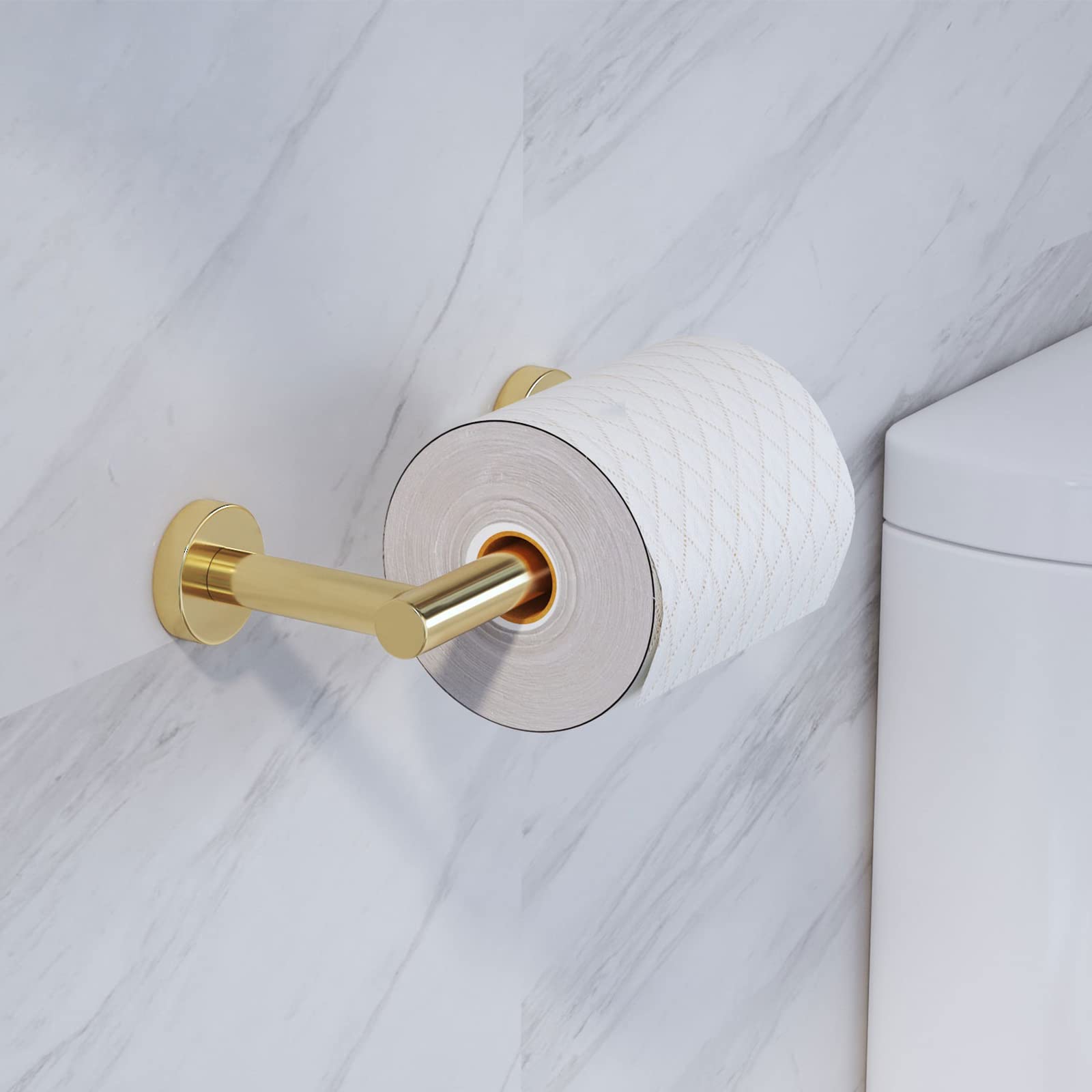 POKIM Gold Toilet Paper Holder - Metal Bathroom Flexible Pivoting Tissue Handle on Wall Mounted, SUS 304 Stainless Steel Adjustable TP Large Mega Roll Holder Classic Shiny Finish