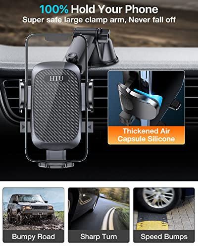 HTU Cell Phone Holder for Car [Powerful Suction Cup Never Fall] Universal Car Phone Holder Mount for Dashboard Windshield Air Vent Long Arm Cell Phone Car Mount Thick Case Heavy Phones Friendly