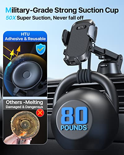 HTU Cell Phone Holder for Car [Powerful Suction Cup Never Fall] Universal Car Phone Holder Mount for Dashboard Windshield Air Vent Long Arm Cell Phone Car Mount Thick Case Heavy Phones Friendly