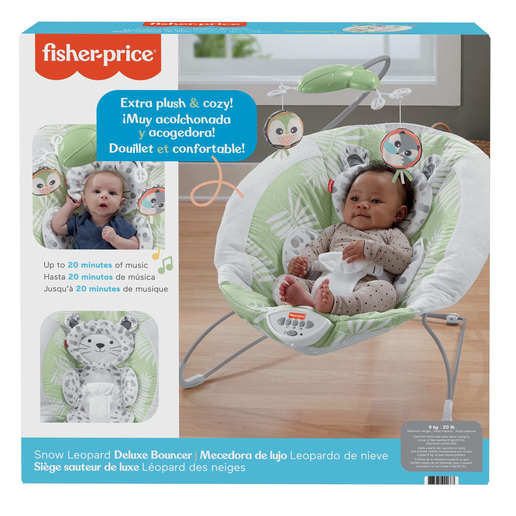 Fisher-Price Snow Leopard Deluxe Bouncer, Bouncing Baby seat with Soothing Music, Sounds, and Vibrations