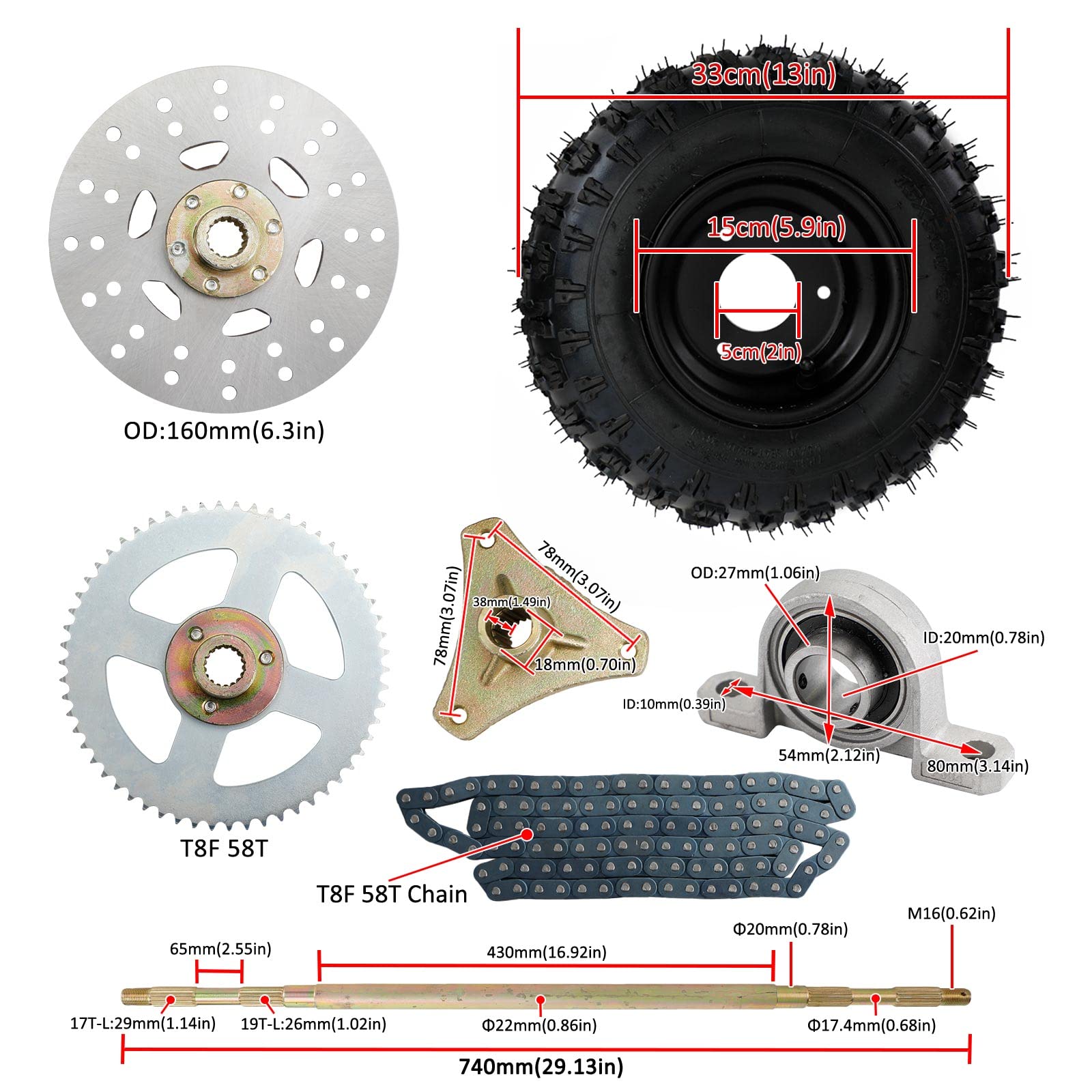 Bruce & Shark 29" Rear Axle Assembly Complete Wheel Hub Kit for Go Kart Quad Trike Drift Bikes go kart wheels go kart rear axle kit