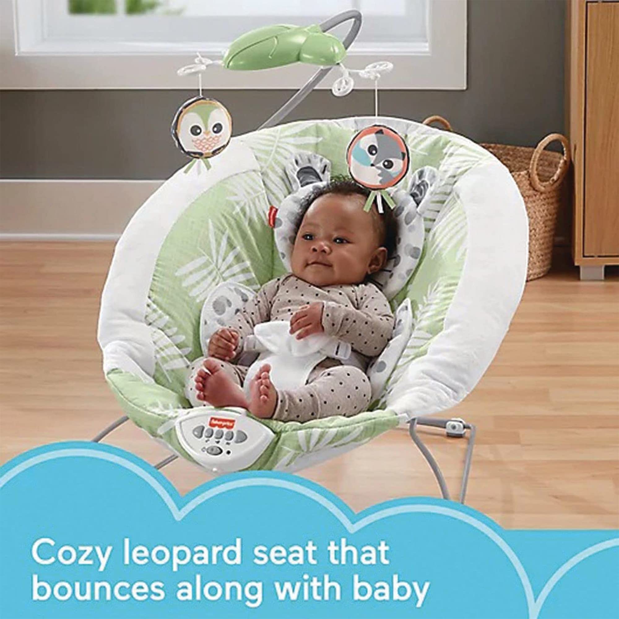 Fisher-Price Snow Leopard Deluxe Bouncer, Bouncing Baby seat with Soothing Music, Sounds, and Vibrations