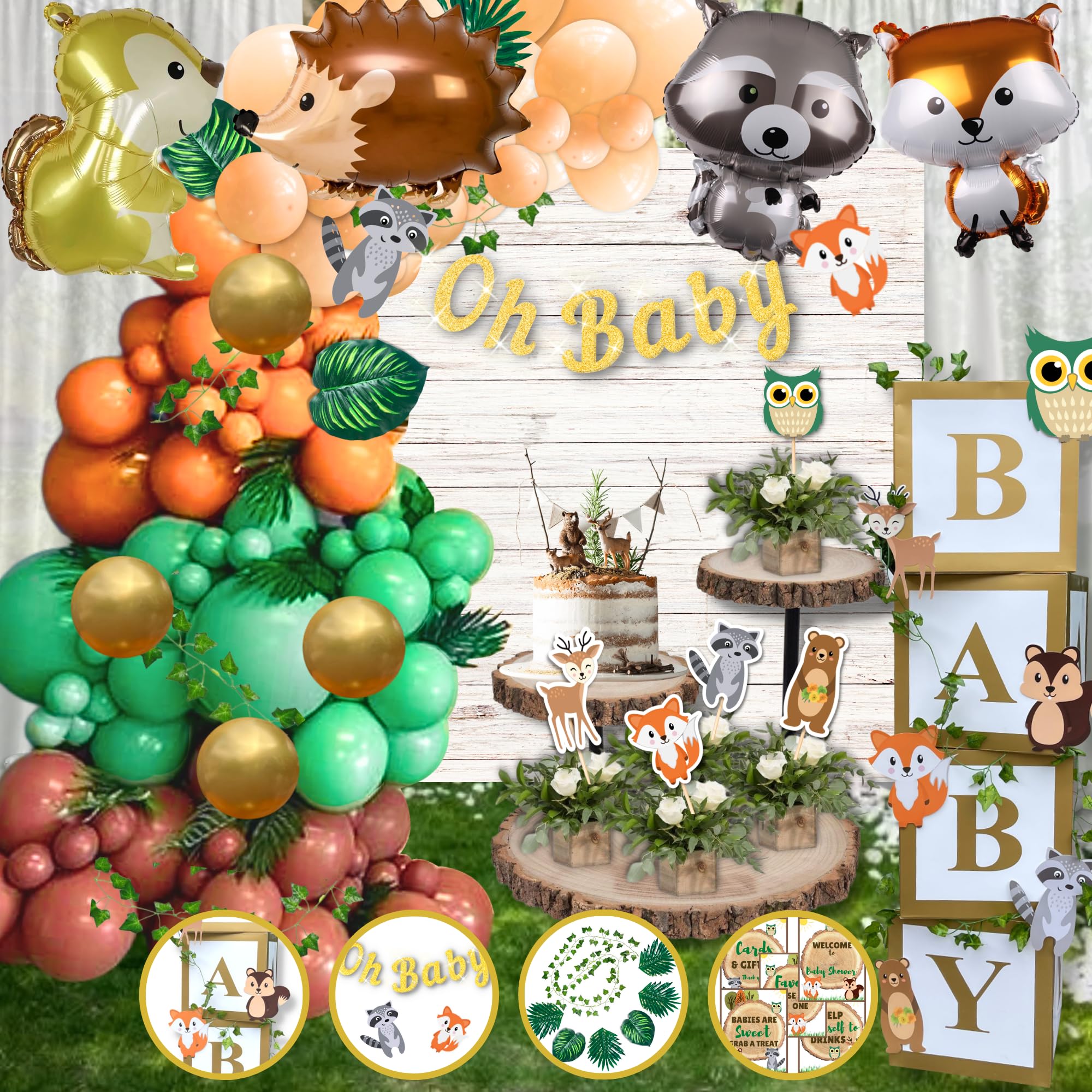 156 pc Woodland Baby Shower Decorations for Boy Kit - Includes Woodland Balloon Arch with Baby Boxes with Letters for Baby Shower, Oh Baby Banner, Animal Balloons, Woodland Creatures Cutouts, Leaf Vines, Table Signs and More - Ideal for Woodland Theme Bab