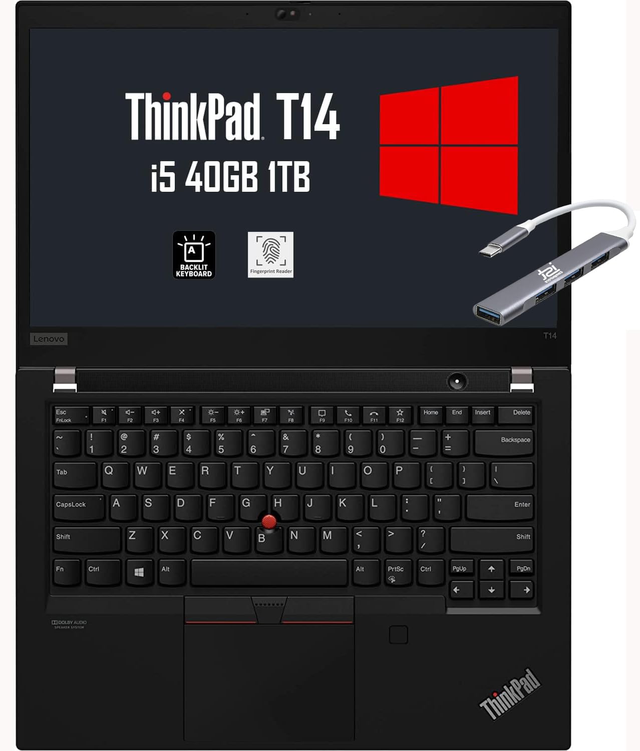 Lenovo ThinkPad T14 14" FHD 1080p IPS Intel Quad-Core i5-1135G7 (Beats i7-10510U), 40GB RAM, 1TB PCIe SSD, Business Laptop, Backlit, Fingerprint, 2 x Thunderbolt 4, Windows 10 Pro, Cable