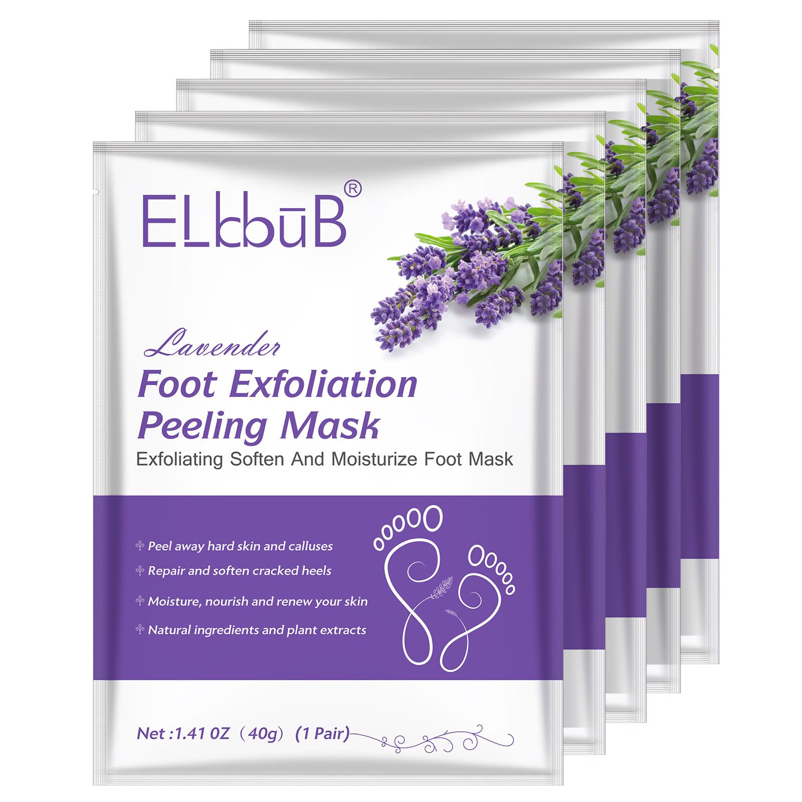 Foot Peel Mask - 5 Pack Foot Mask for Dry Dead Skin, Callus, Repair Rough Heels - Make Your Feet Baby Soft Get Smooth Silky Skin - Lavender
