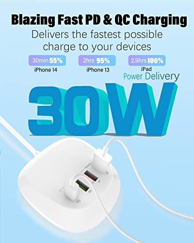 USB C Charger Station,4-Port (1*USB C 30W & 1*QC3.0 & 2*USB-A) USB Charging Station for iPhone 14 Series/13/13 Mini/13pro Max/12/12 Mini/12Pro/12 Pro Max/11/iPad/AirPod,Smart Phone,Multi Devices