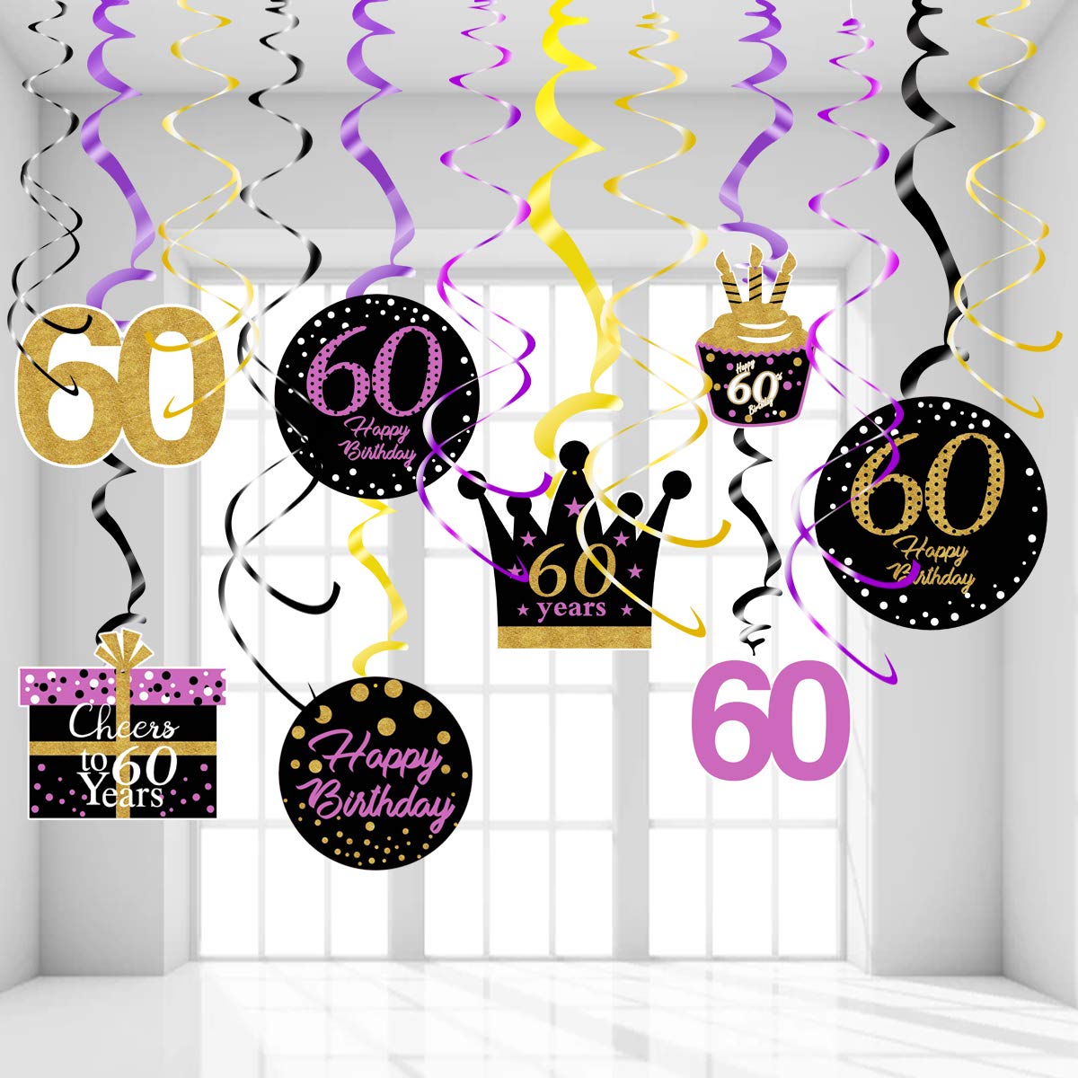60th Birthday Decorations for Women Purple Gold 60th Birthday Hanging Swirls Hanging Swirls Decorations for Purple Gold 60 Years Old Party Supplies
