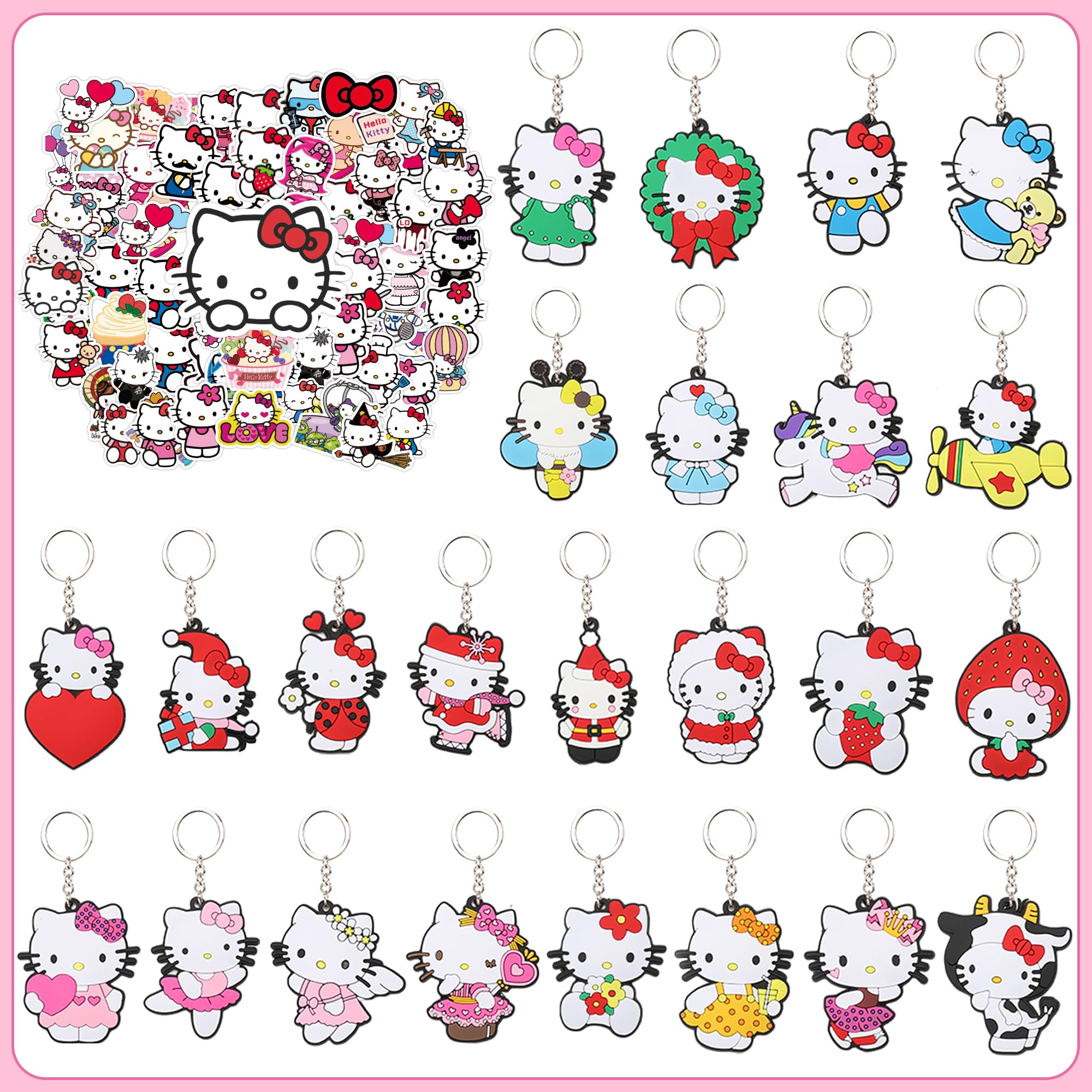Uhael 74PCS Cute Cat Kitty Party Favors Keychains Stickers Anime Cartoon Lovely Cat Themed Birthday Party Supplies Bulk, Pink Bow Kitty Decorations for Girls Christmas Gift Classroom Rewards