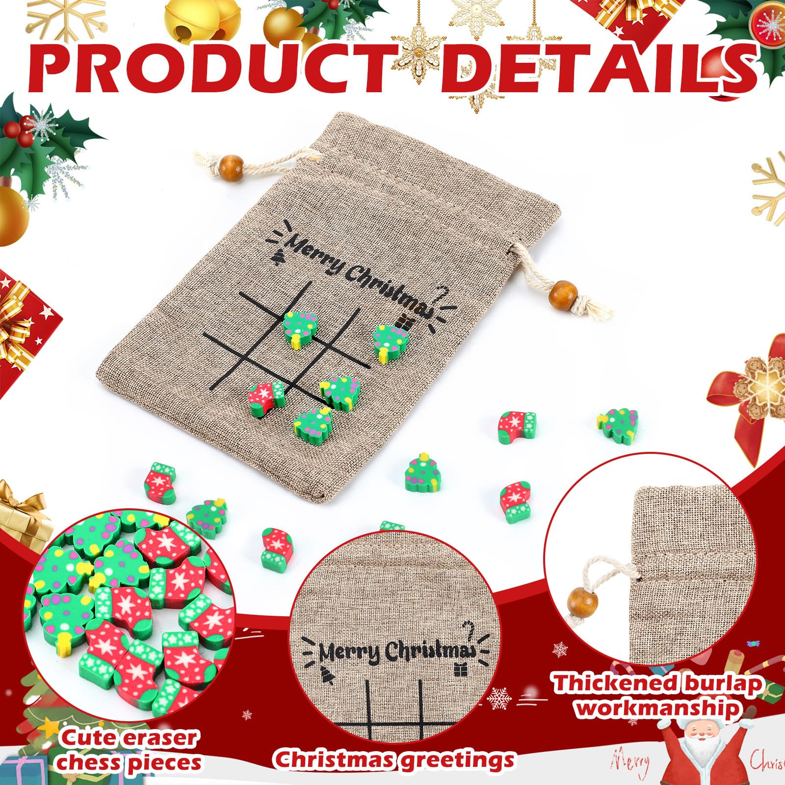Windyun 100 Set Christmas Tic Tac Toe Game Bulk Xmas Board Game 3.94 x 5.91 Burlap Drawstring Bag with 1000 Christmas Tree and Stocking Classroom Games Christmas Gifts Party Family Games