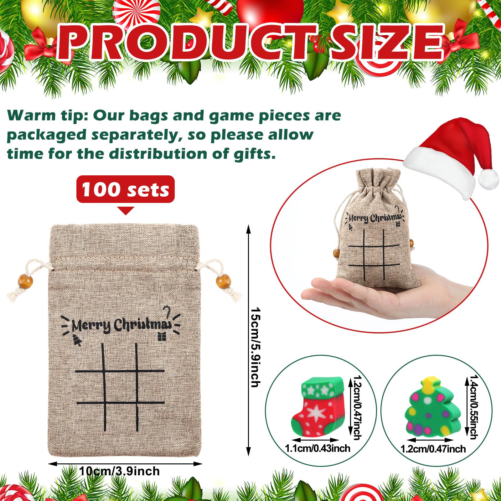 Windyun 100 Set Christmas Tic Tac Toe Game Bulk Xmas Board Game 3.94 x 5.91 Burlap Drawstring Bag with 1000 Christmas Tree and Stocking Classroom Games Christmas Gifts Party Family Games