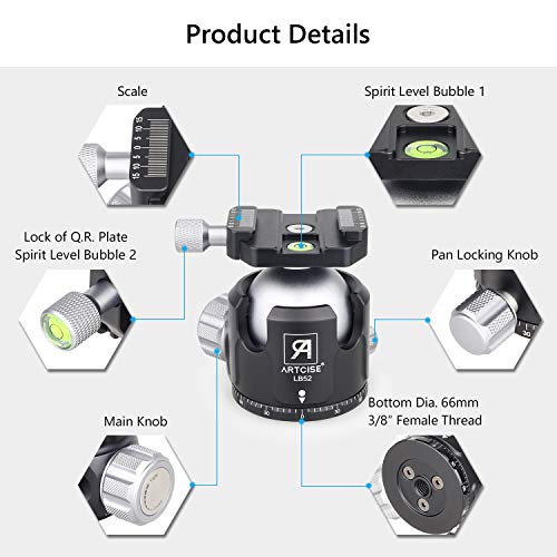 Low Profile Ball Head Tripod Mount Ball Head 52mm Diameter ARTCISE LB52 All Metal CNC Machining with Two 1/4" Quick Release Plates for Tripod, Monopod, DSLR, Camcorder,Max Load 66lbs /30kg