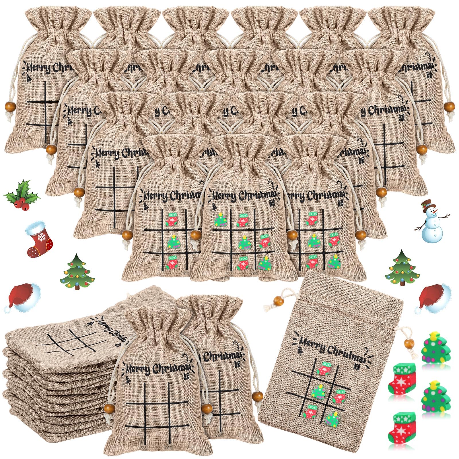 Windyun 100 Set Christmas Tic Tac Toe Game Bulk Xmas Board Game 3.94 x 5.91 Burlap Drawstring Bag with 1000 Christmas Tree and Stocking Classroom Games Christmas Gifts Party Family Games
