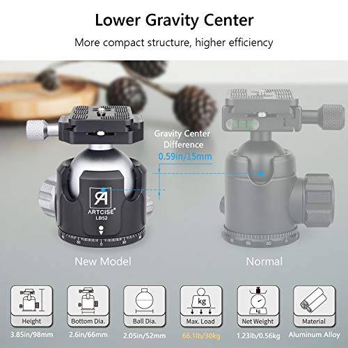 Low Profile Ball Head Tripod Mount Ball Head 52mm Diameter ARTCISE LB52 All Metal CNC Machining with Two 1/4" Quick Release Plates for Tripod, Monopod, DSLR, Camcorder,Max Load 66lbs /30kg