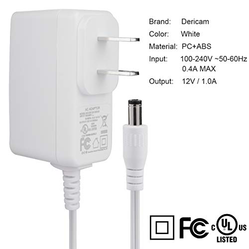 Dericam 12V 1A DC Power Supply Adapter for IP/CCTV Security Camera, 5ft/1.5 Meter AC to DC Power Cord, Wall Charger, Output DC 12V 1000mA, Input AC 100V-240V/50 or 60Hz/0.4A Max, US Plug, White