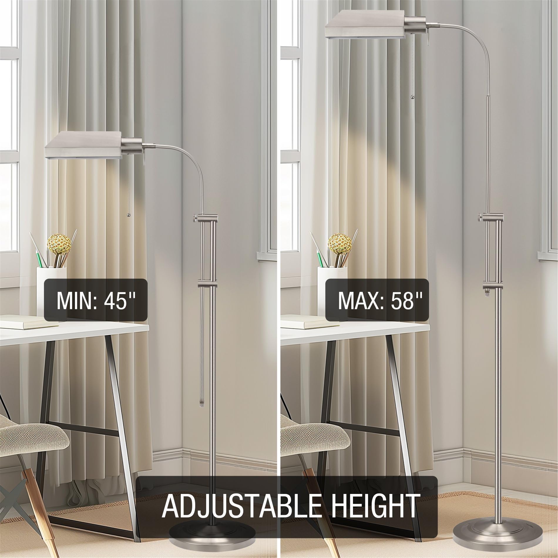 Kira Home Prescott 58" Adjustable Standing Pharmacy Floor Lamp, Brushed Pewter Finish, Includes 6W LED Bulb (60W eq.) Energy Efficient, Eco-Friendly