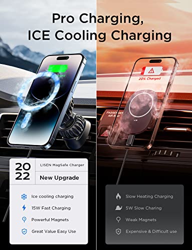 LISEN for MagSafe Car Mount Charger, [Ice Cooling Charging] 15W Wireless Phone Car Charger Mount, Hands Free iPhone Car Holder Mount Fit for iPhone 14 13 12 Pro Max Plus Mini MagSafe Case