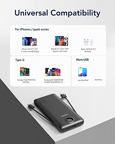 VEGER Portable Charger for iPhone Built in Cables Fast Charging USB C Slim 10000 Power Bank, Wall Plug USB Battery Pack for iPhones, iPad, Samsung More Phones Tablets (Black)