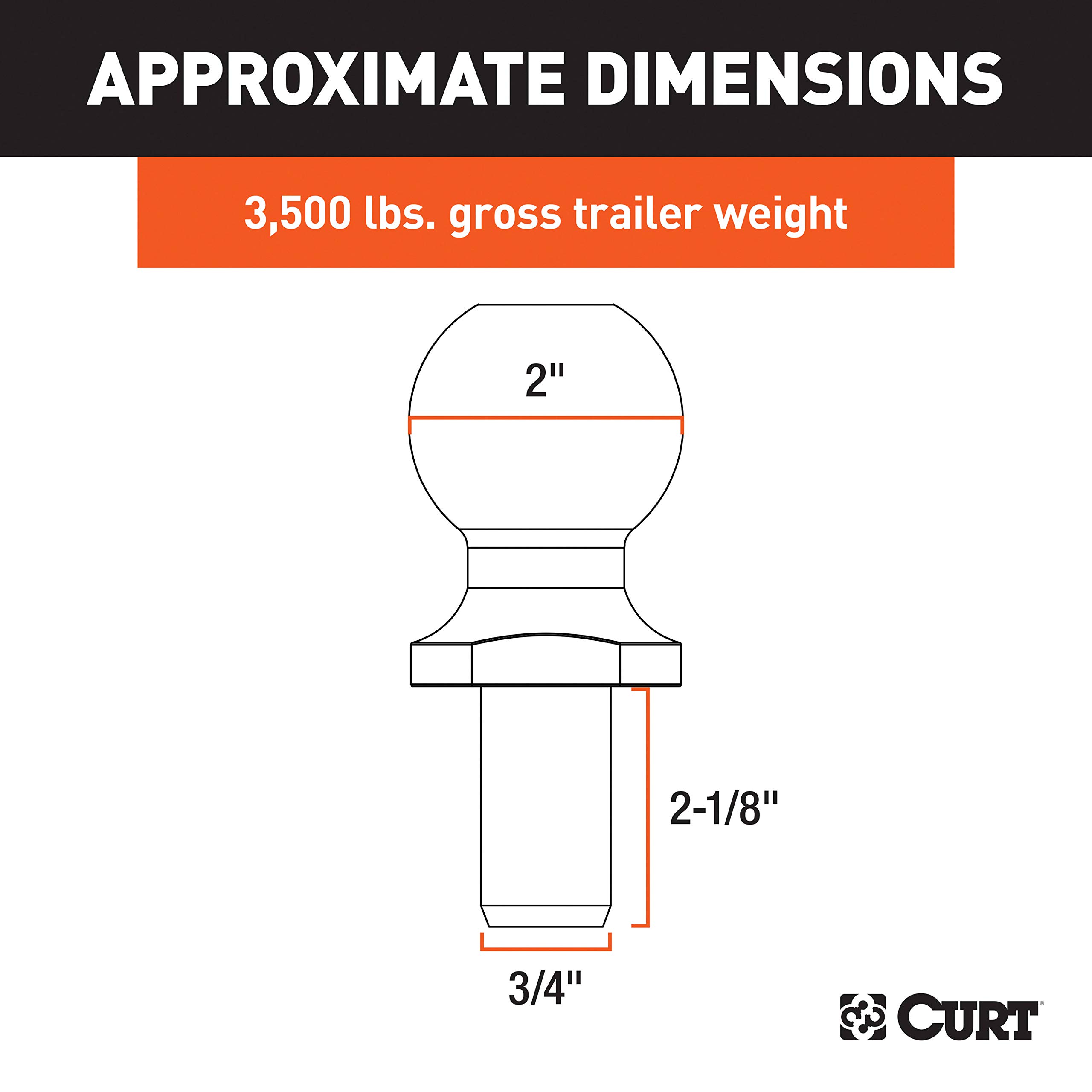 CURT 40052 Stainless Steel Trailer Hitch Ball, 3,500 lbs, 2-Inch Diameter, 3/4 x 2-1/8-Inch Shank