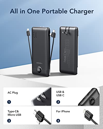 VEGER Portable Charger for iPhone Built in Cables Fast Charging USB C Slim 10000 Power Bank, Wall Plug USB Battery Pack for iPhones, iPad, Samsung More Phones Tablets (Black)